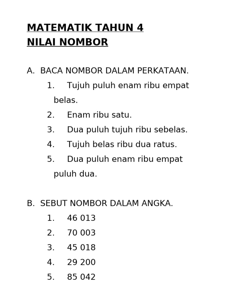 Baca & Sebut Nombor THN 4 | PDF