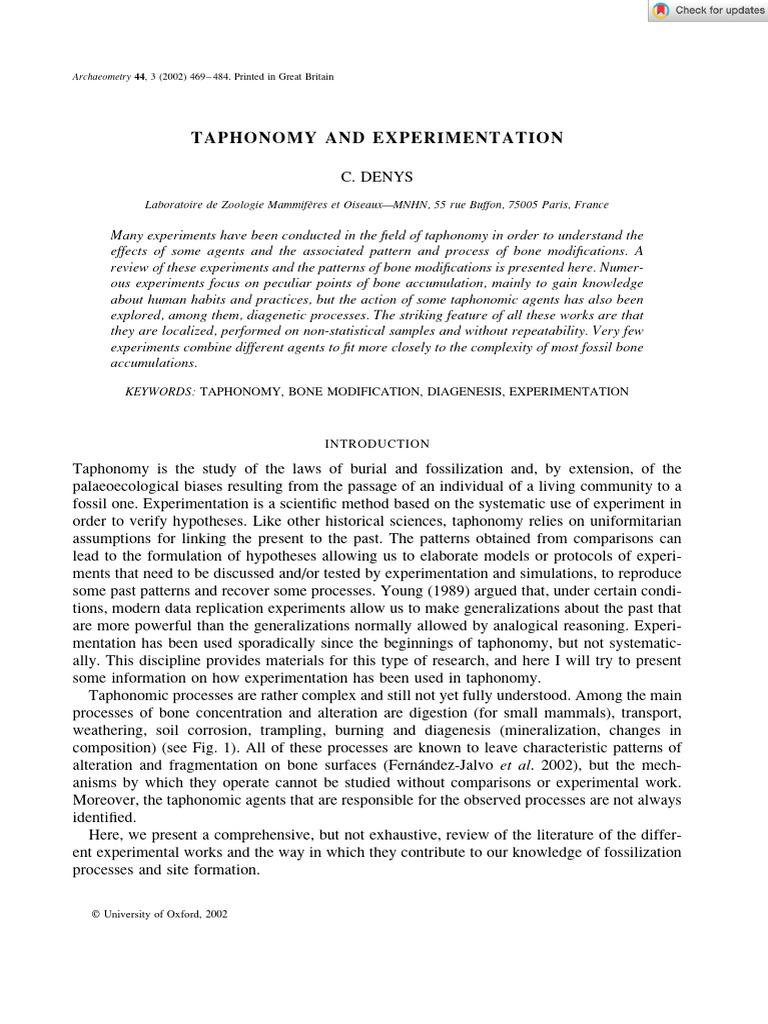 Archaeometry - 2002 - Denys - Taphonomy and experimentation | PDF | Experiment