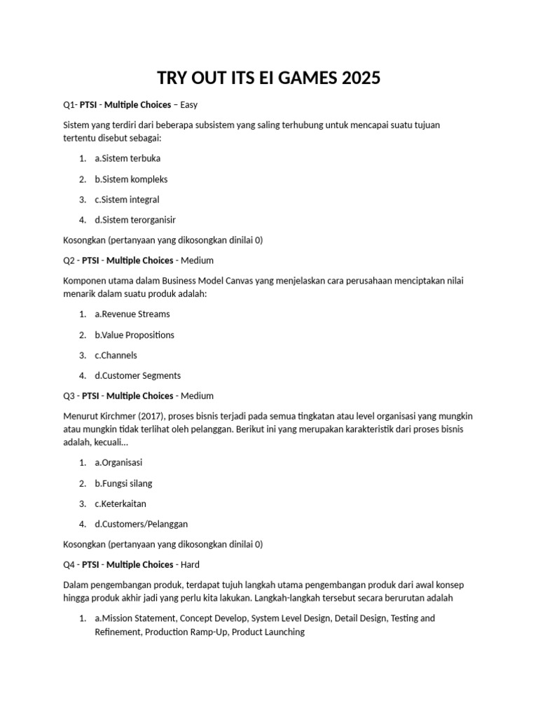 Soal Try Out EI Games 2025 PTSI dan PIE | PDF
