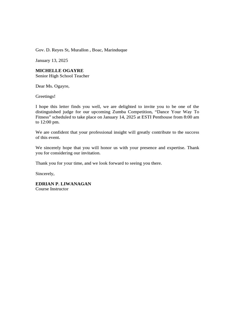 Invitation Letter For PE Competition | PDF