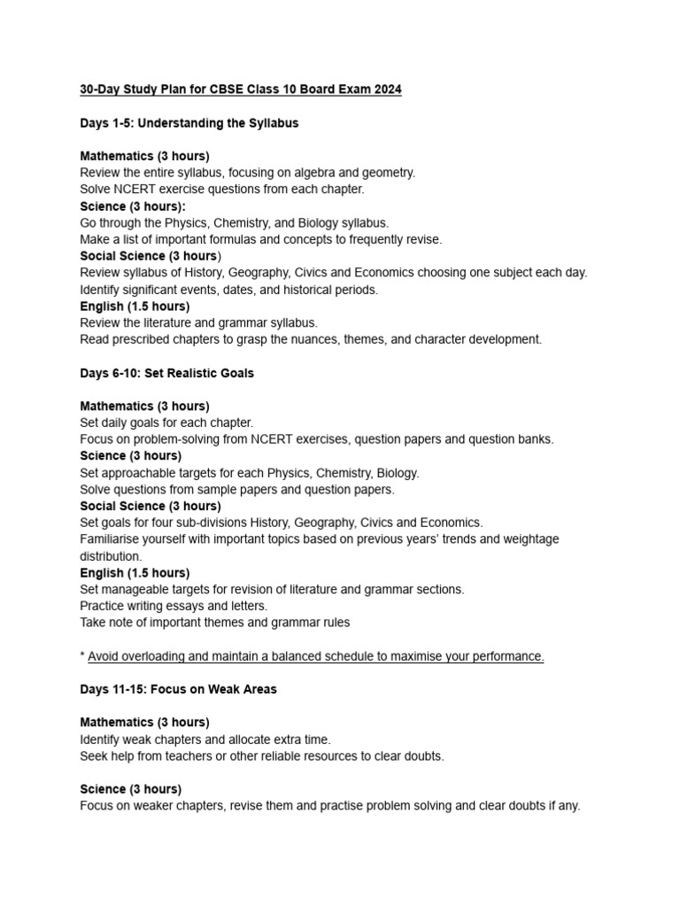 30-Day Study Plan for CBSE Class 10 Board Exam 2024 | PDF | Science ...