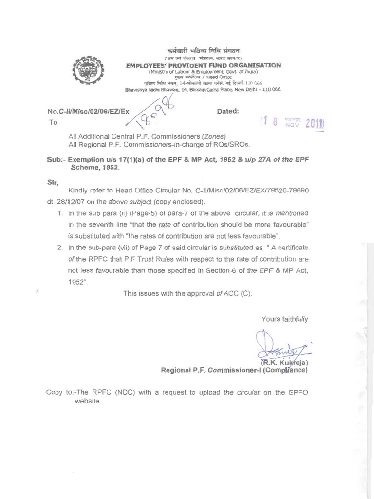 PF Exemption Order Under Section 17 1a of The EPF - MP Act 1952 Under para 27A of The EPF Scheme ...