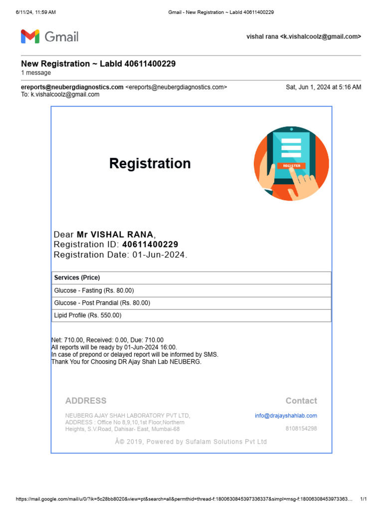 Gmail - New Registration LabId 40611400229 | PDF