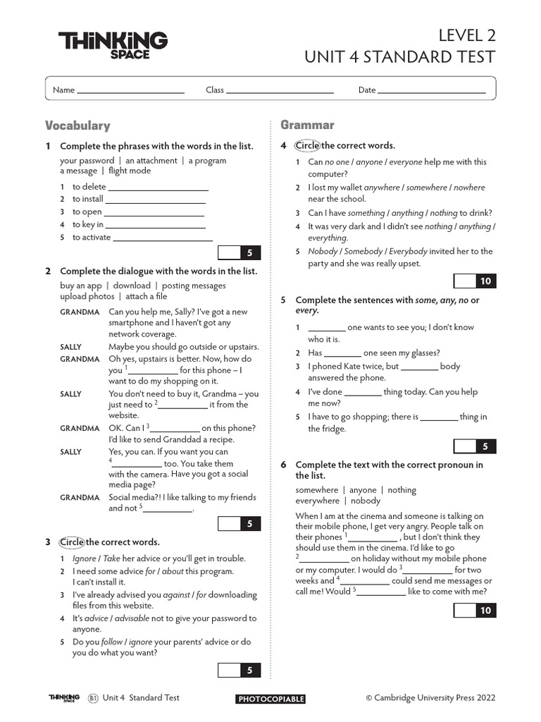 Thinking Space - B1 - Unit - Test - 04 - Standard | PDF
