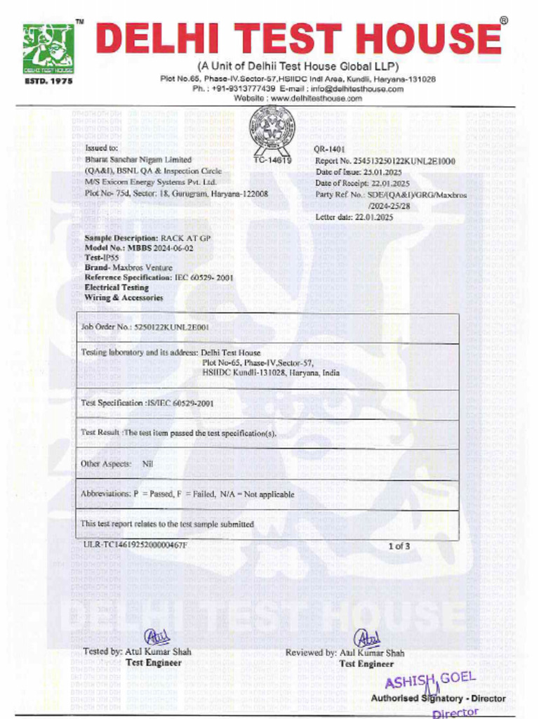 Certificate of IP-55 Test by DTH For BSNL Latest | PDF