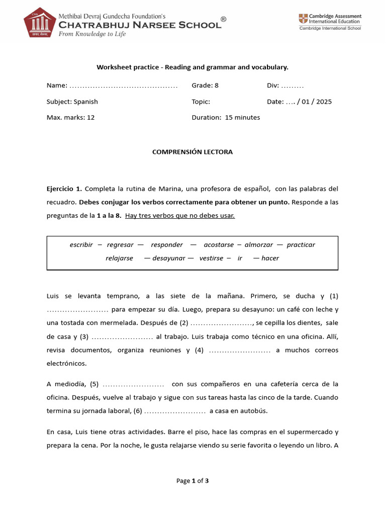 Worksheet Reading Practice G8 Term2 CA1 | PDF