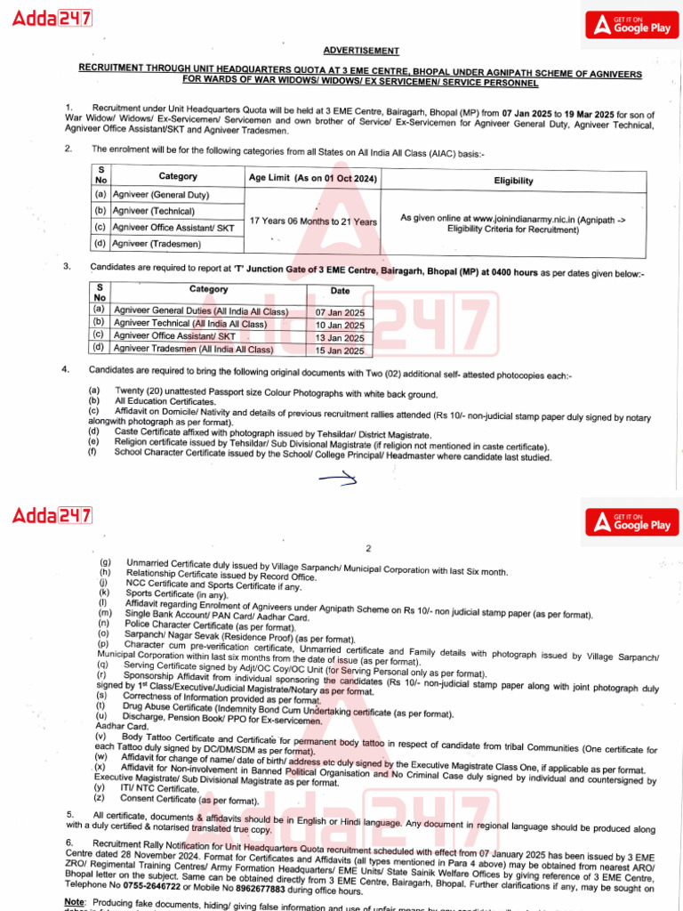 Army Agniveer Relation Bharti 2025 Notification 1 | PDF