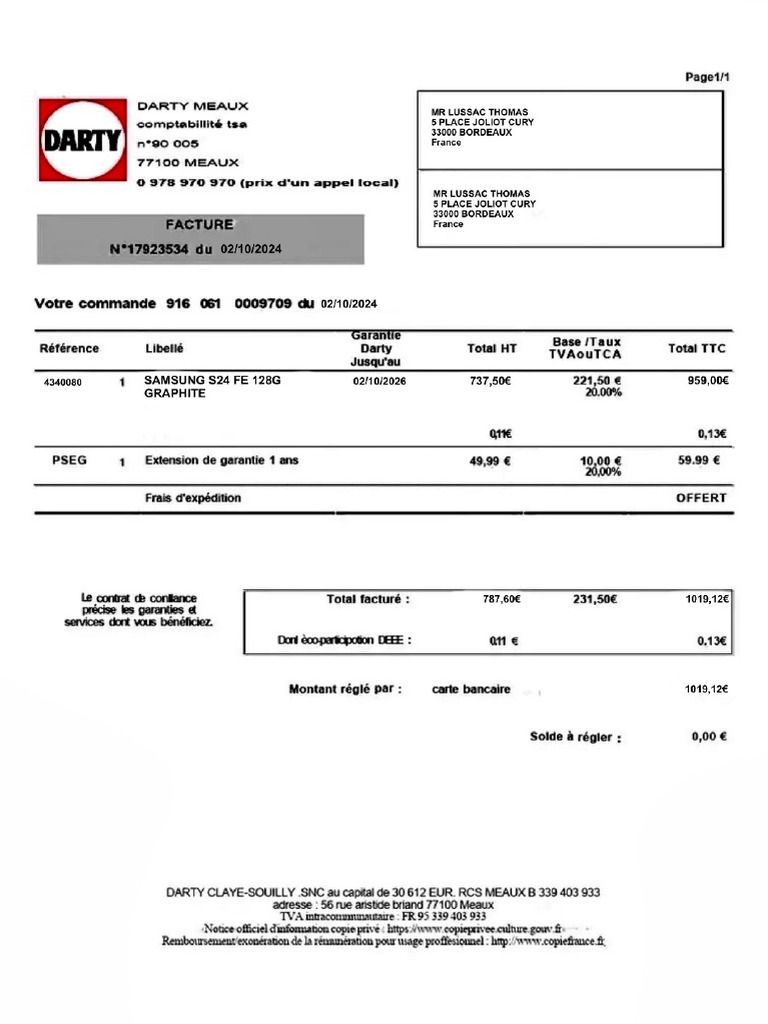 Facture Samsung S24FE | PDF