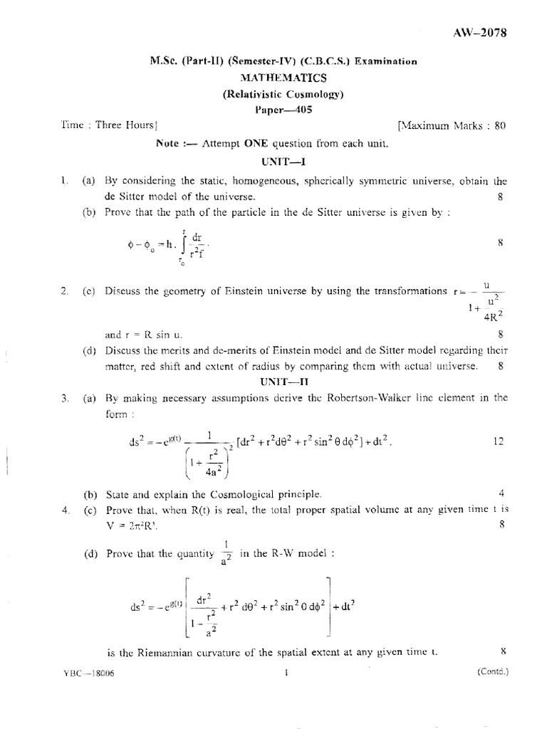 MSC 4 Sem Mathematics Relativistic Cosmology Aw 2078 S 2019 | PDF ...