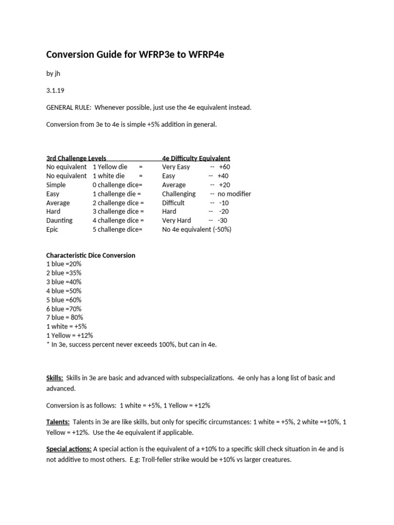WFRP4e - Conversion Guide For WFRP3e To WFRP4e | PDF