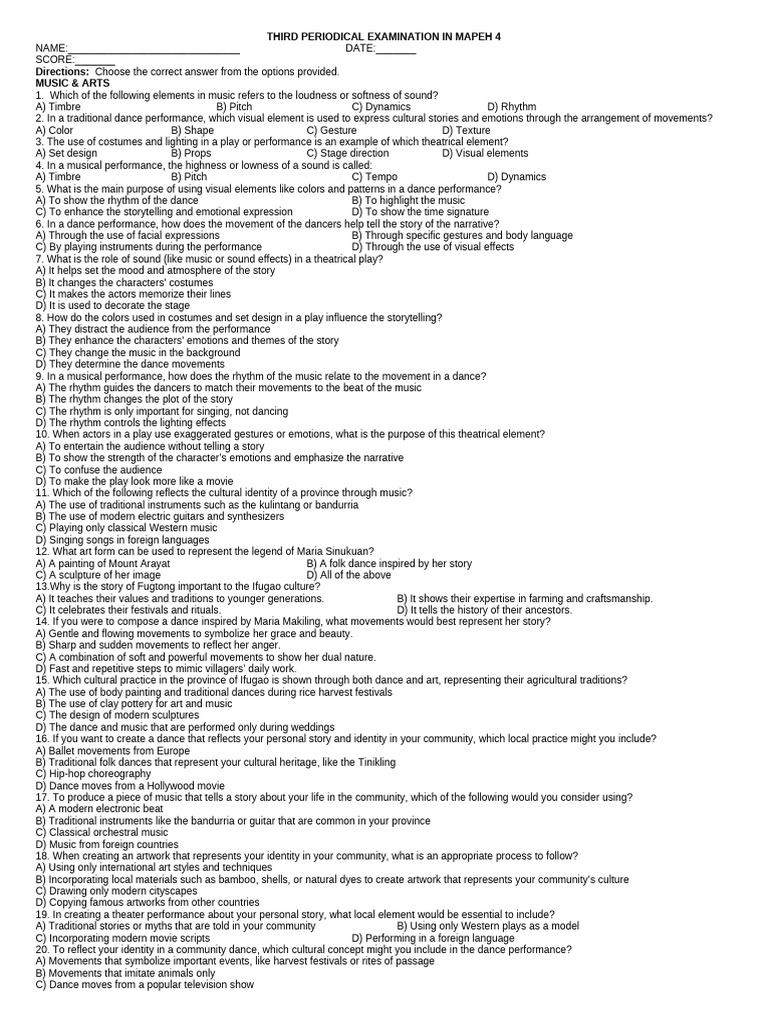 MAPEH 4 Third Periodical Exam Guide | PDF | Foods | Dances
