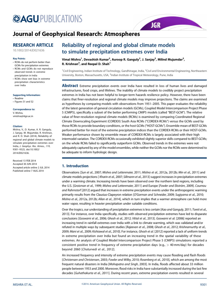 JGR Atmospheres - 2014 - Mishra - Reliability of Regional and Global ...