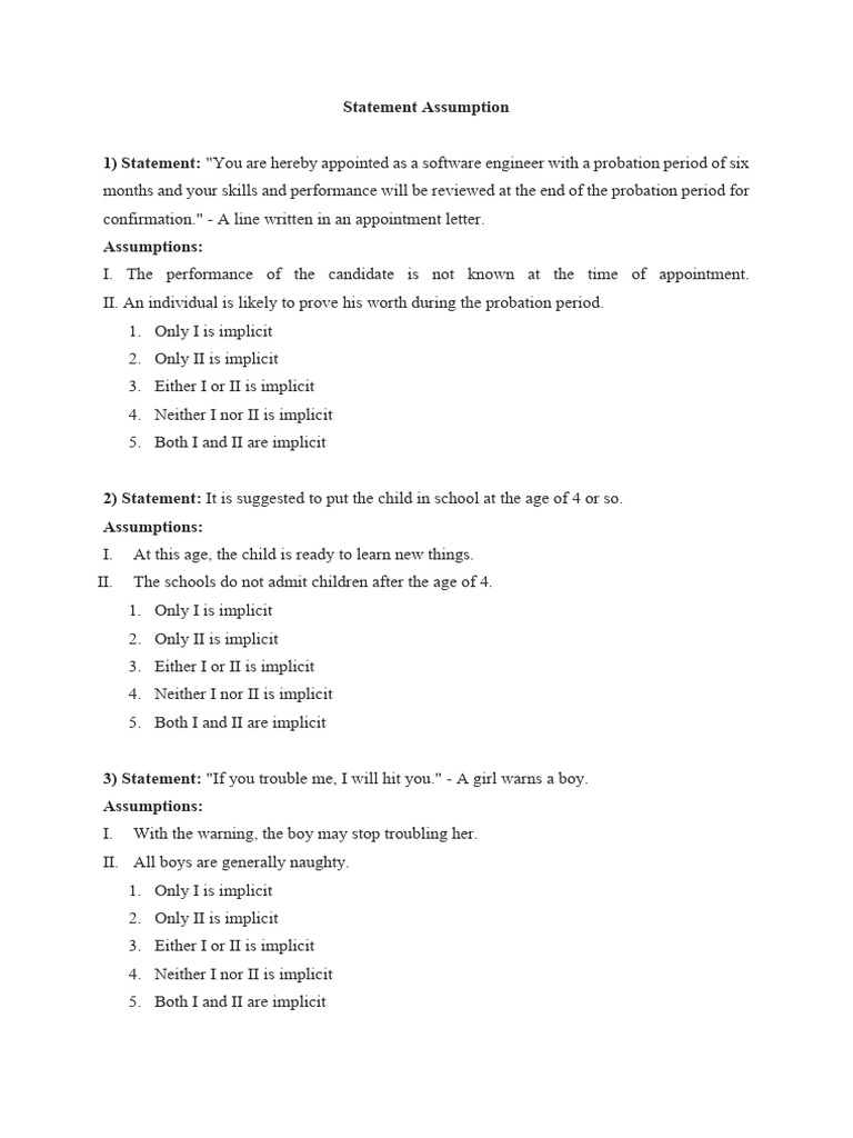 Statement Assumption Practice Sheet | PDF | Economies