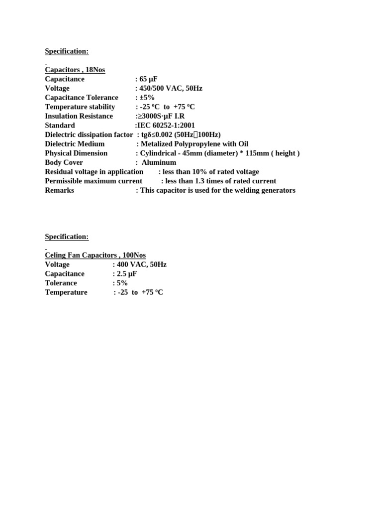 Ceiling Fan Capacitor Specifications | PDF