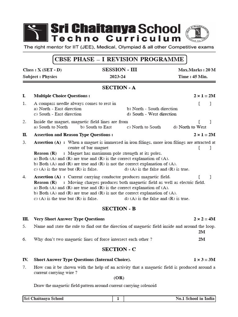 CBSE Class X Physics Revision Set D | PDF | Magnetic Field | Magnetism