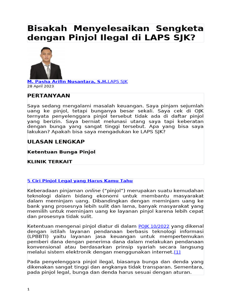 Bisakah Menyelesaikan Sengketa Dengan Pinjol Ilegal Di LAPS SJK? | PDF