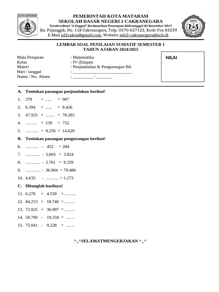 Uh MTK 2 Kls 4c 2024 Penjum&Pengu | PDF