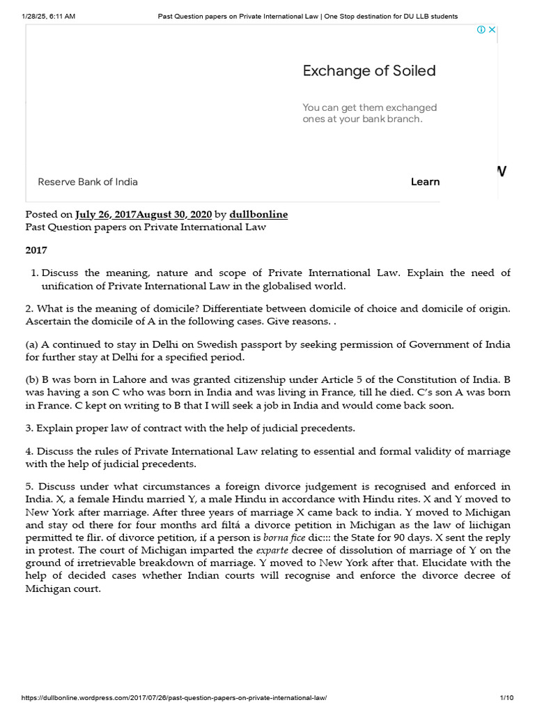 Past Question Papers On Private International Law - One Stop ...