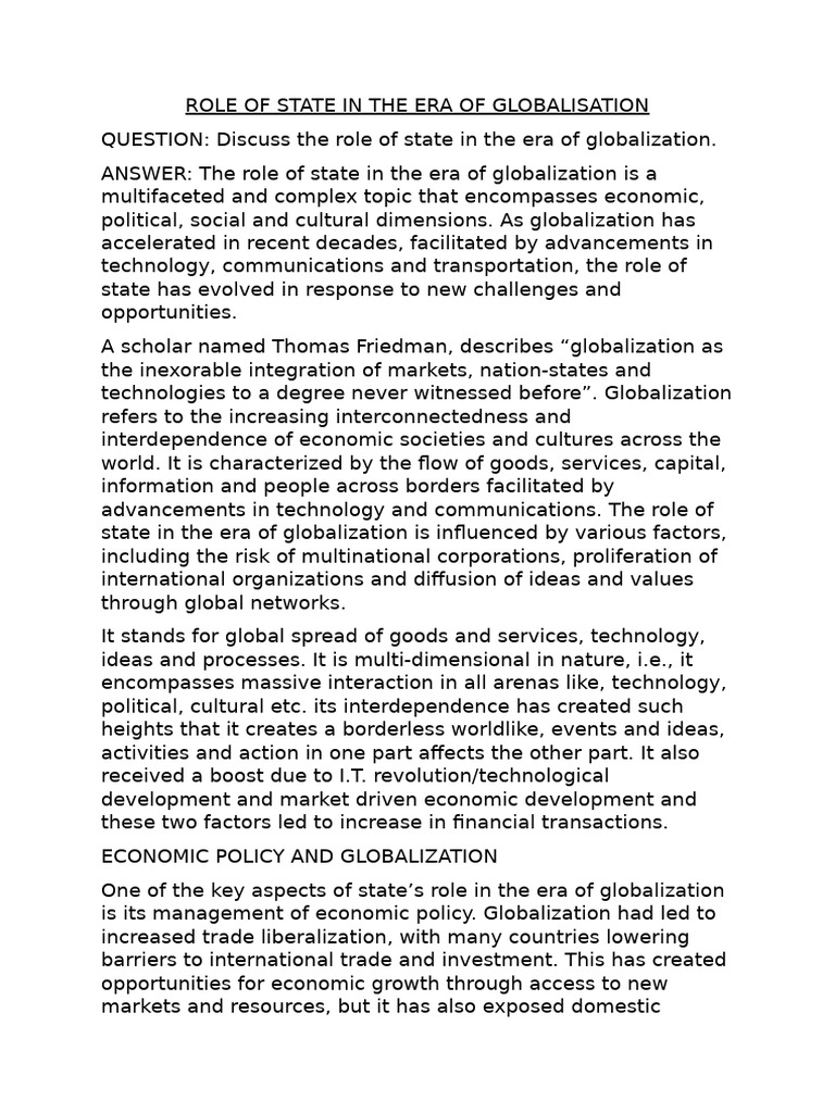 Role of State in Era of Globalisation | PDF | Globalization | Foreign ...