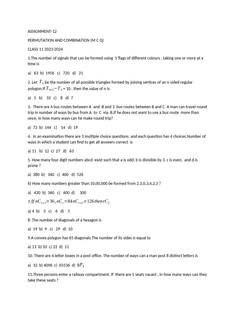 Permutation and Combination (M C Q) | PDF | Classical Geometry | Convex Geometry