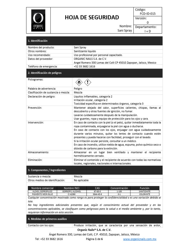 Sani Spray UN 1219 | PDF | Agua | Combustión