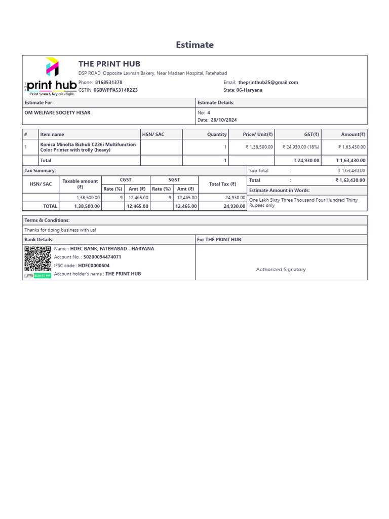 Estimate for Konica Minolta Printer | PDF | Payments | Taxation