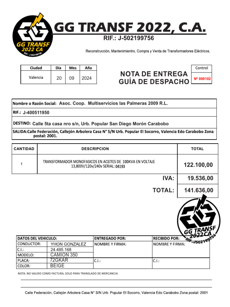 Nota de Entrega Guía de Despacho | PDF