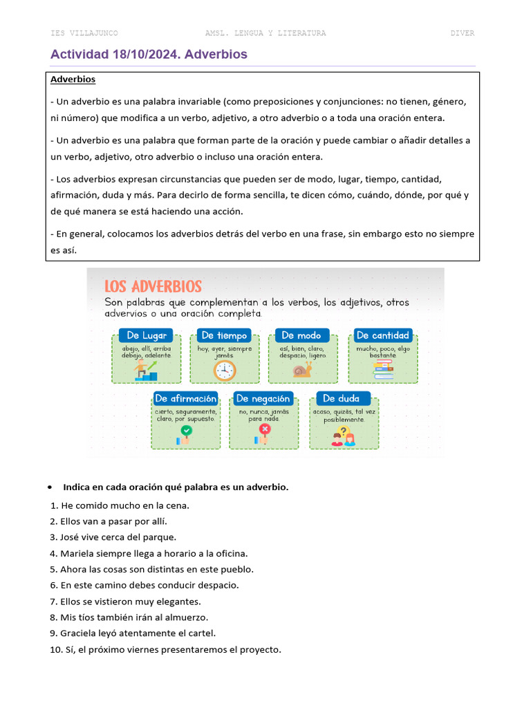 Adverbios: Definición y Ejercicios | PDF | Adverbio | Palabra