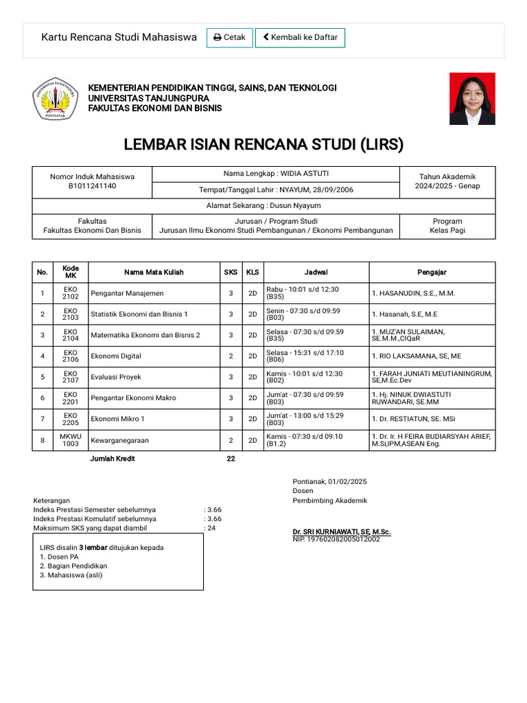 Kartu Rencana Studi Mahasiswa | PDF