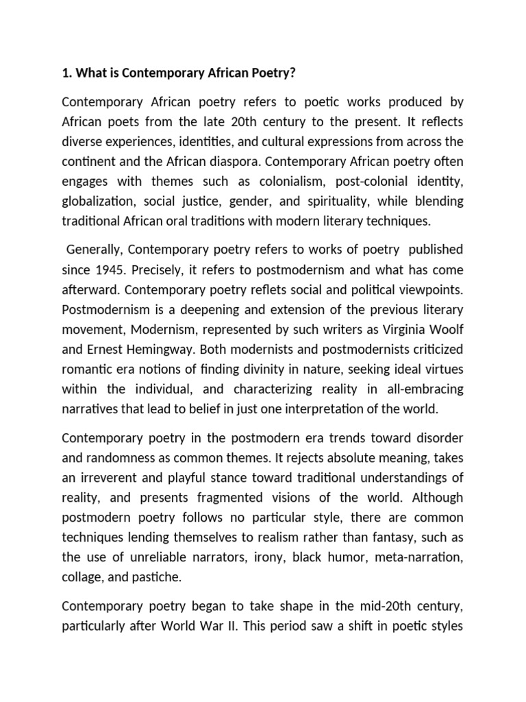 Contemporary African Poetry Overview | PDF | Poetry | Narrative