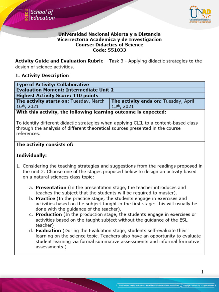 Activity Guide and Evaluation Rubric - Unit 2 - Task 3 - Applying Didactic Strategies to the ...