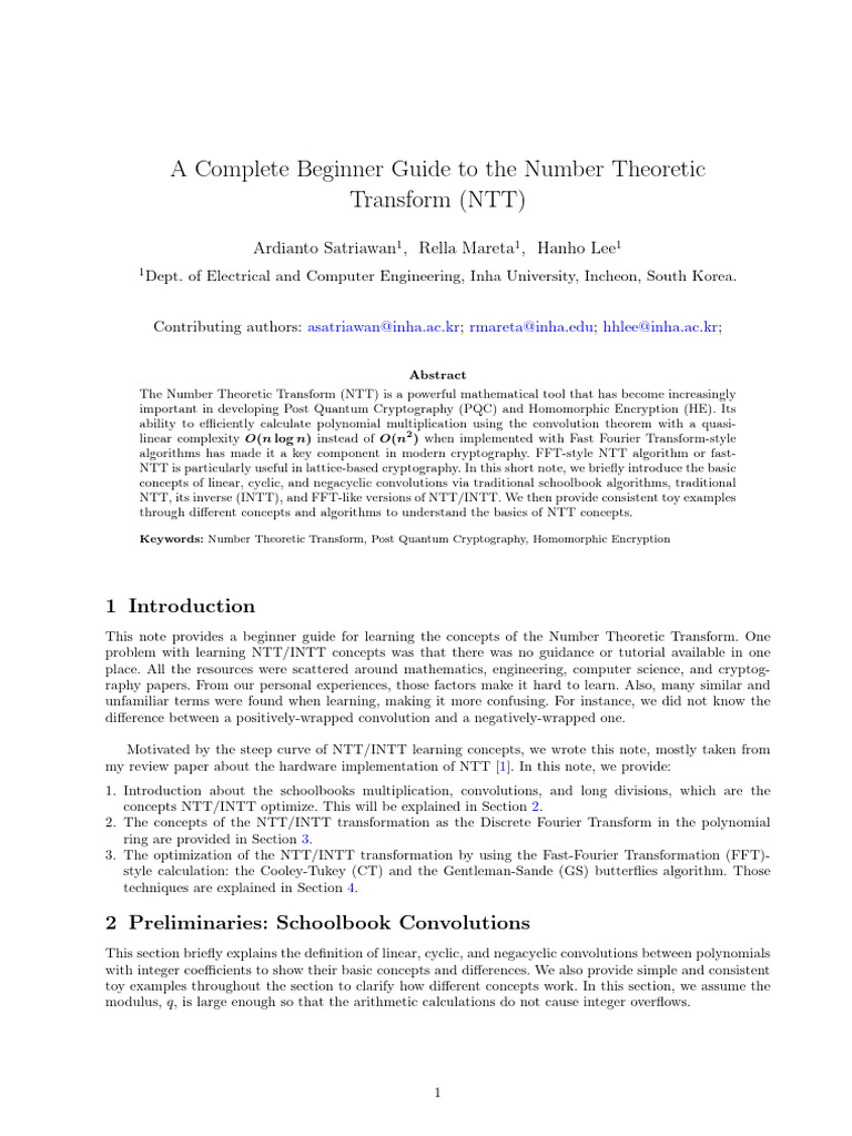 A Complete Beginner Guide To The Number Theoretic Transform (NTT) - 2024-585 | PDF | Fast ...