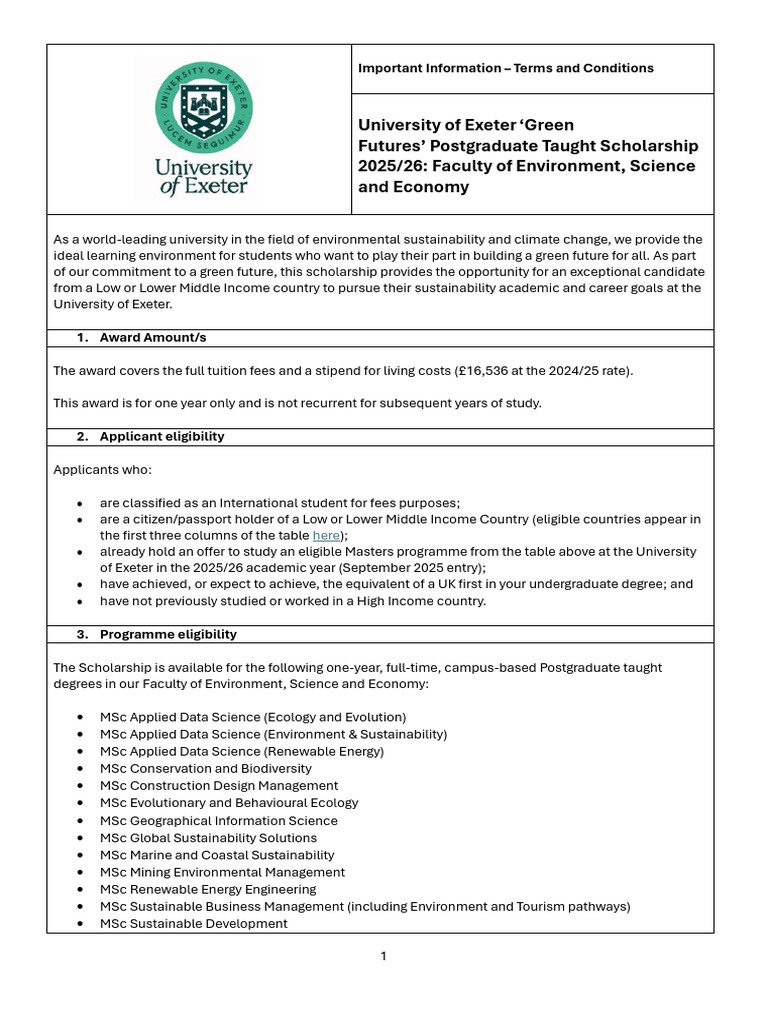Exeter Green Futures Scholarship 2025/26 | PDF | Sustainability ...