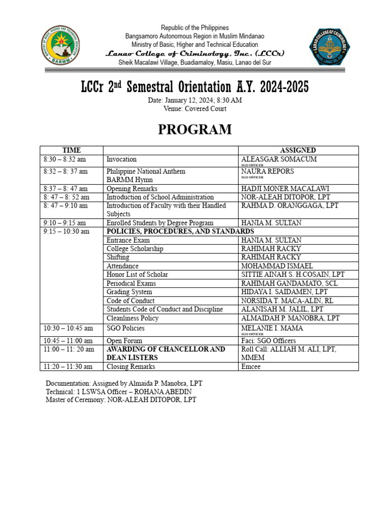 LCCr 2024-2025 Orientation Program | PDF