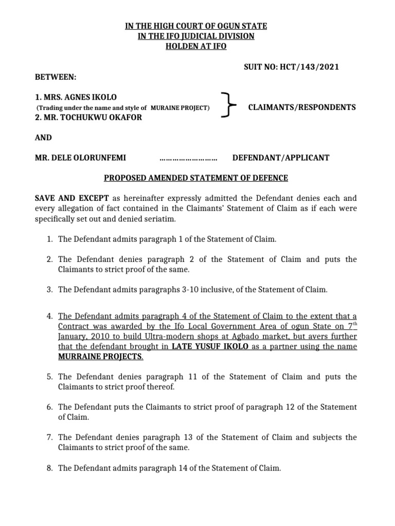 HCF-143-2021 Amended Statement of Defence | PDF | Lawsuit | Cause Of Action
