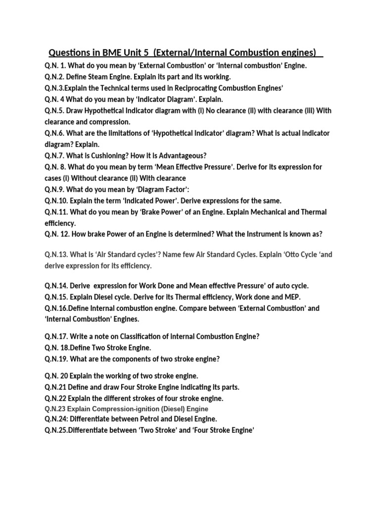 Question Answers in BME Unit 5. | PDF | Internal Combustion Engine | Engines