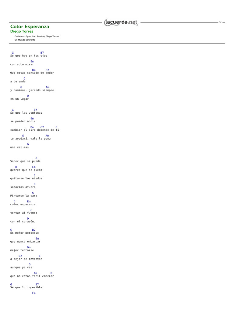 COLOR ESPERANZA, Diego Torres: Acordes | PDF