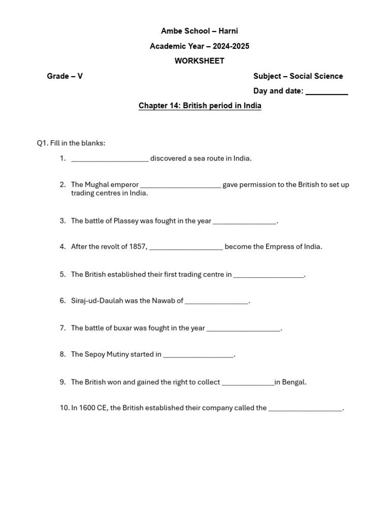 Grade 5 Social Science Worksheet | PDF