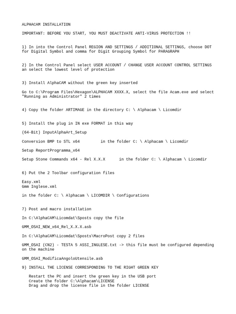 Alphacam Softwares Installation Instructions | PDF