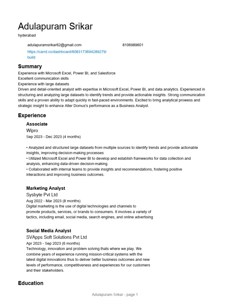 Resume-Adulapuram-Srikar-Alter-Domus | PDF | Analytics | Data Analysis