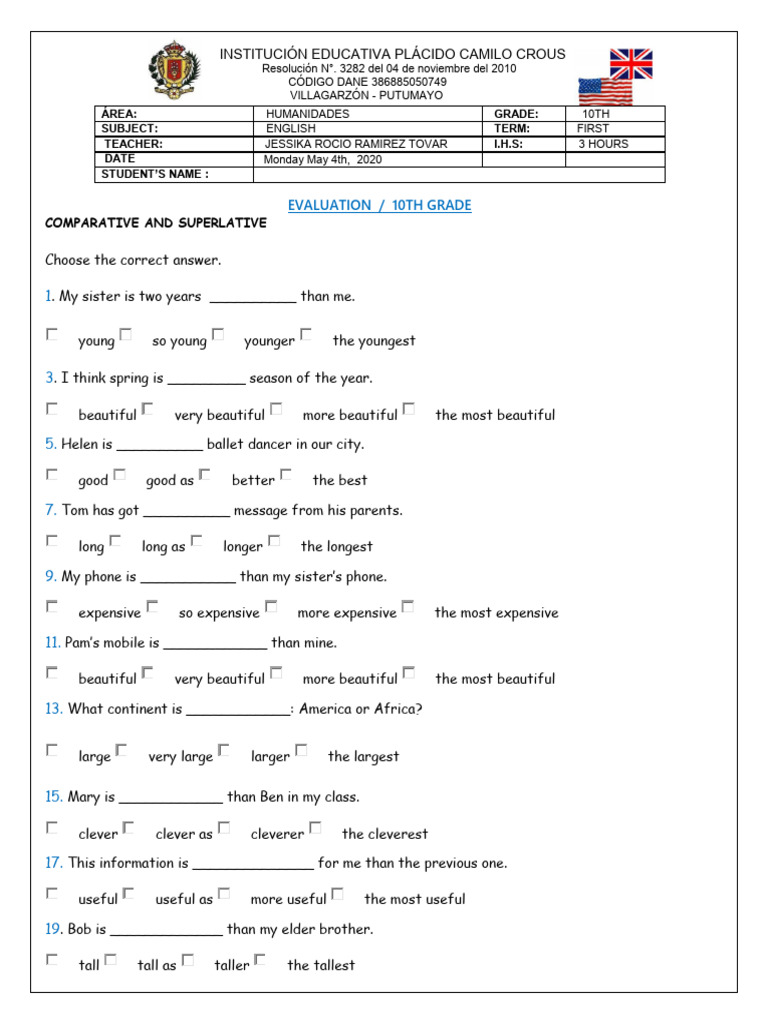 Evaluacion Inglés 10th Grade 1 Part | PDF