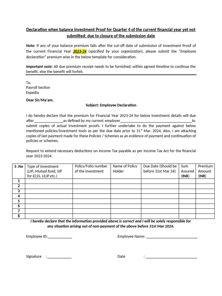 Employee Declaration for Investment Proof | PDF