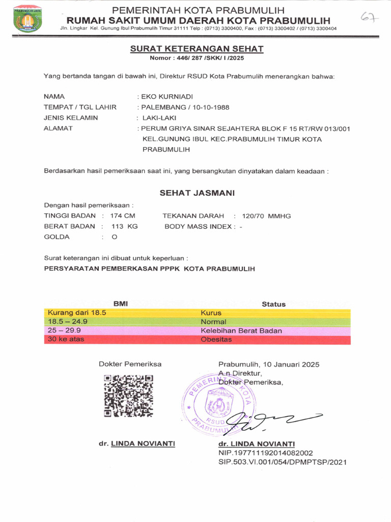 SURAT KETERANGAN SEHAT JASMANI DAN ROHANI EKO KURNIADI | PDF