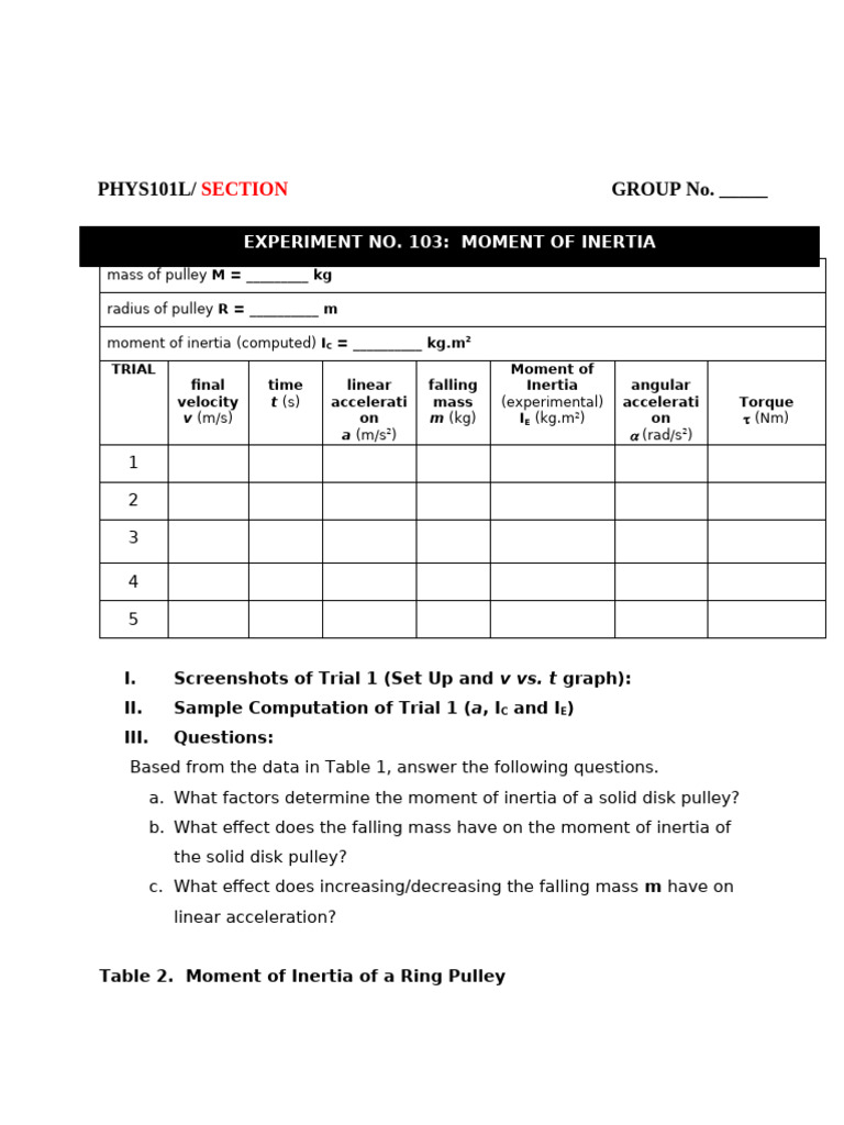 E103 Moment of Inertia Data Sheet | PDF | Acceleration | Torque