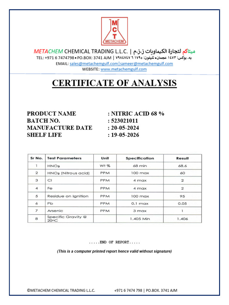 Nitric Acid 68% Certificate of Analysis | PDF