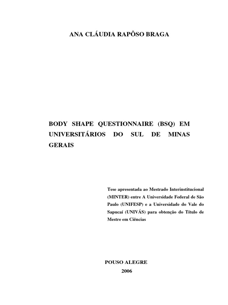 BODY SHAPE QUESTIONNAIRE - BSQ Imagem Corporal | PDF | Índice de massa ...