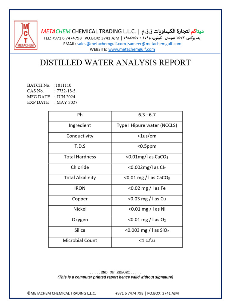 Distilled Water - Coa | PDF