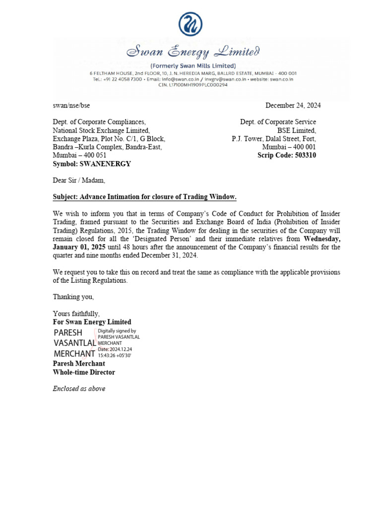 Symbol: SWANENERGY Scrip Code: 503310: Paresh Vasantlal Merchant | PDF