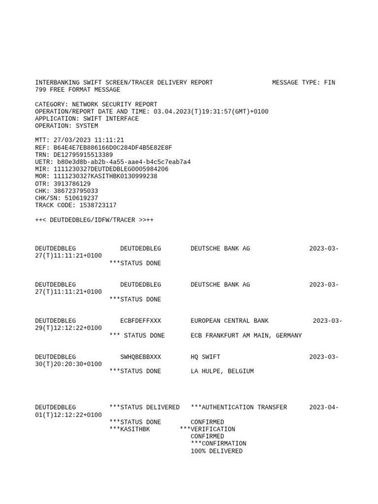 Deutsche Bank SWIFT Tracer Report | PDF