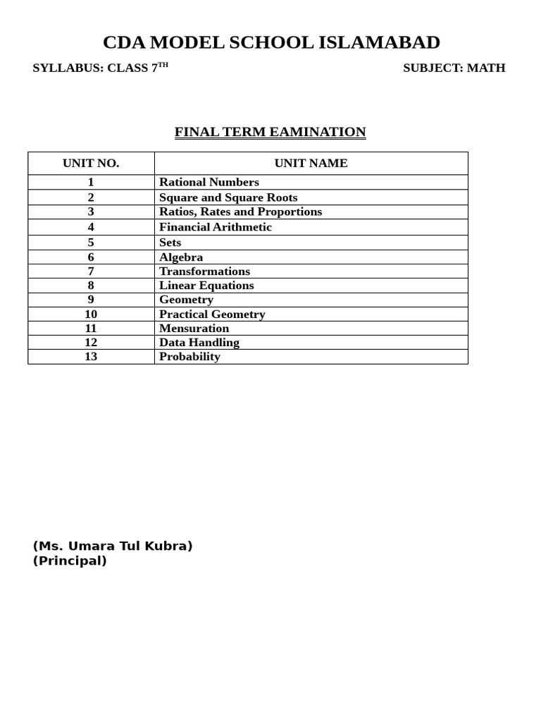 Class 7 Maths Syllabus Overview | PDF